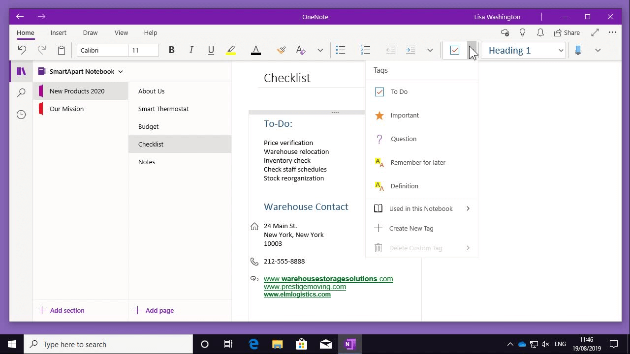 OneNote Windows 10 - Organizarea paginii unei note - Docentix